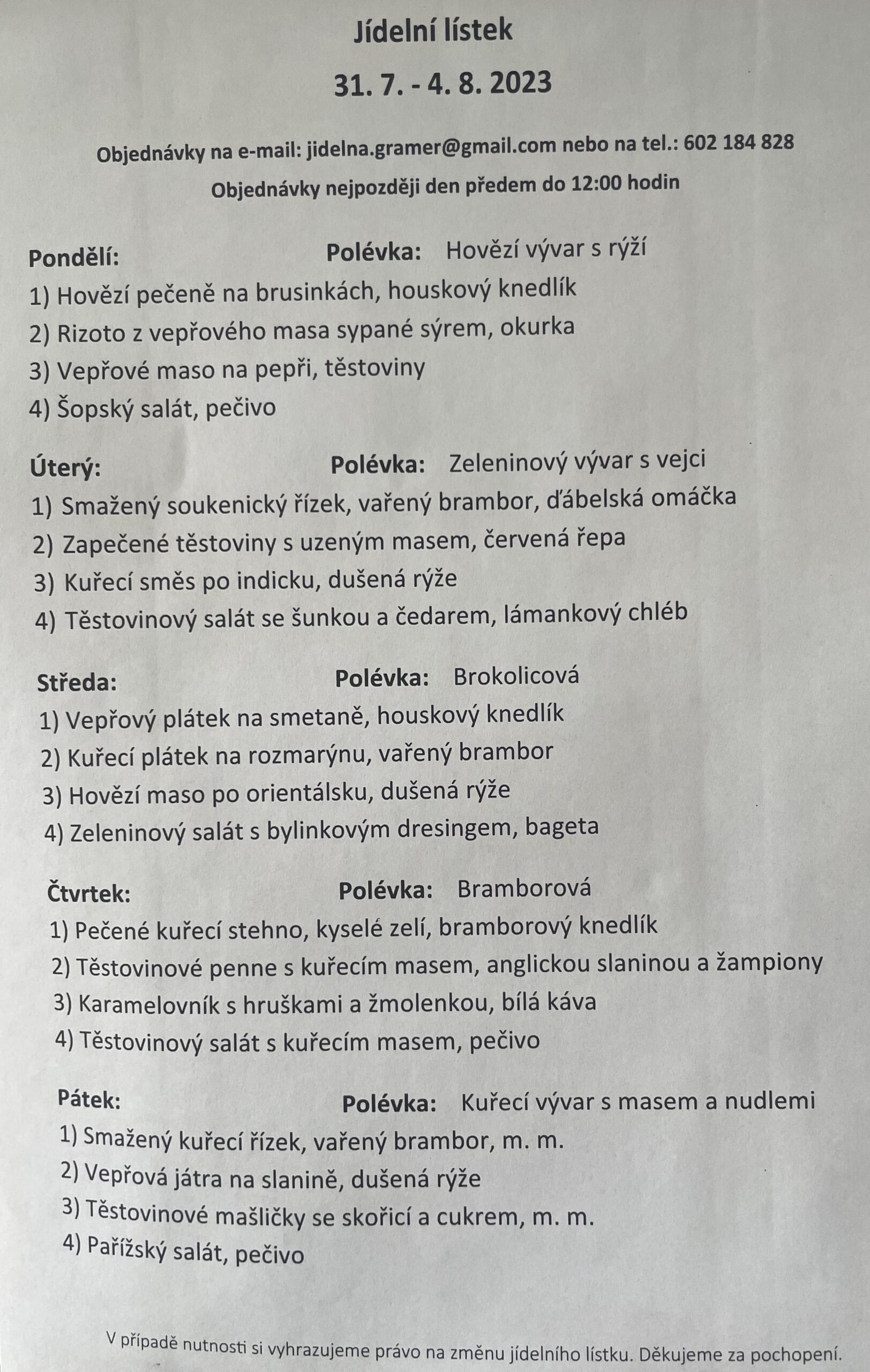 JÍDELNÍ LÍSTEK – JÍDELNA GRAMER